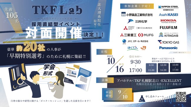 北海道大学理系院生100名を動員する『TKF Lab対面スカウト型イベント 2022』を北大発スタートアップ認定企業：株式会社TKF Projectが開催いたします。豪華企業15社以上が参加 ...