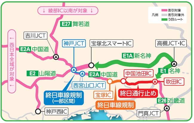 E2A中国自動車道（吹田JCT～神戸JCT）のリニューアル工事 令和5年1～4月の交通規制の日程をお知らせします｜NEXCO西日本のプレスリリース