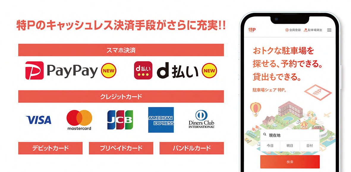 駐車場シェアサービス「特P」のキャッシュレス決済を拡充 予約制駐車場決済に「PayPay」「d払い」が利用可能に｜アースカーのプレスリリース