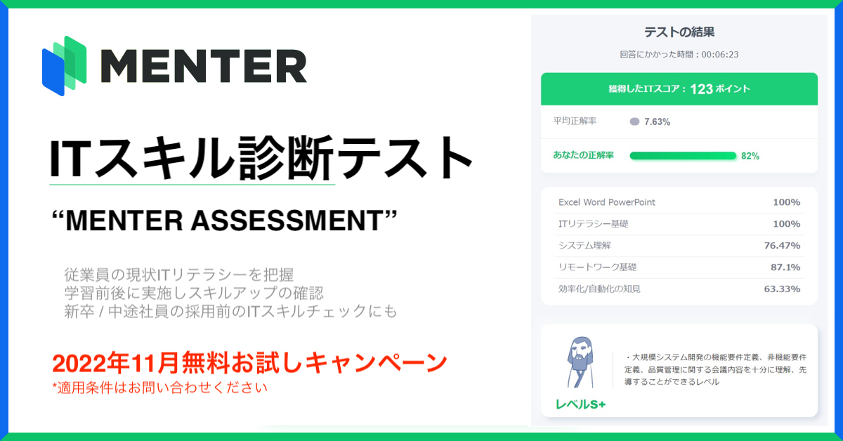 ITスキル診断テストの「MENTER ASSESSMENT」無料お試しキャンペーン開催（2022年11月）｜WHITE株式会社のプレスリリース
