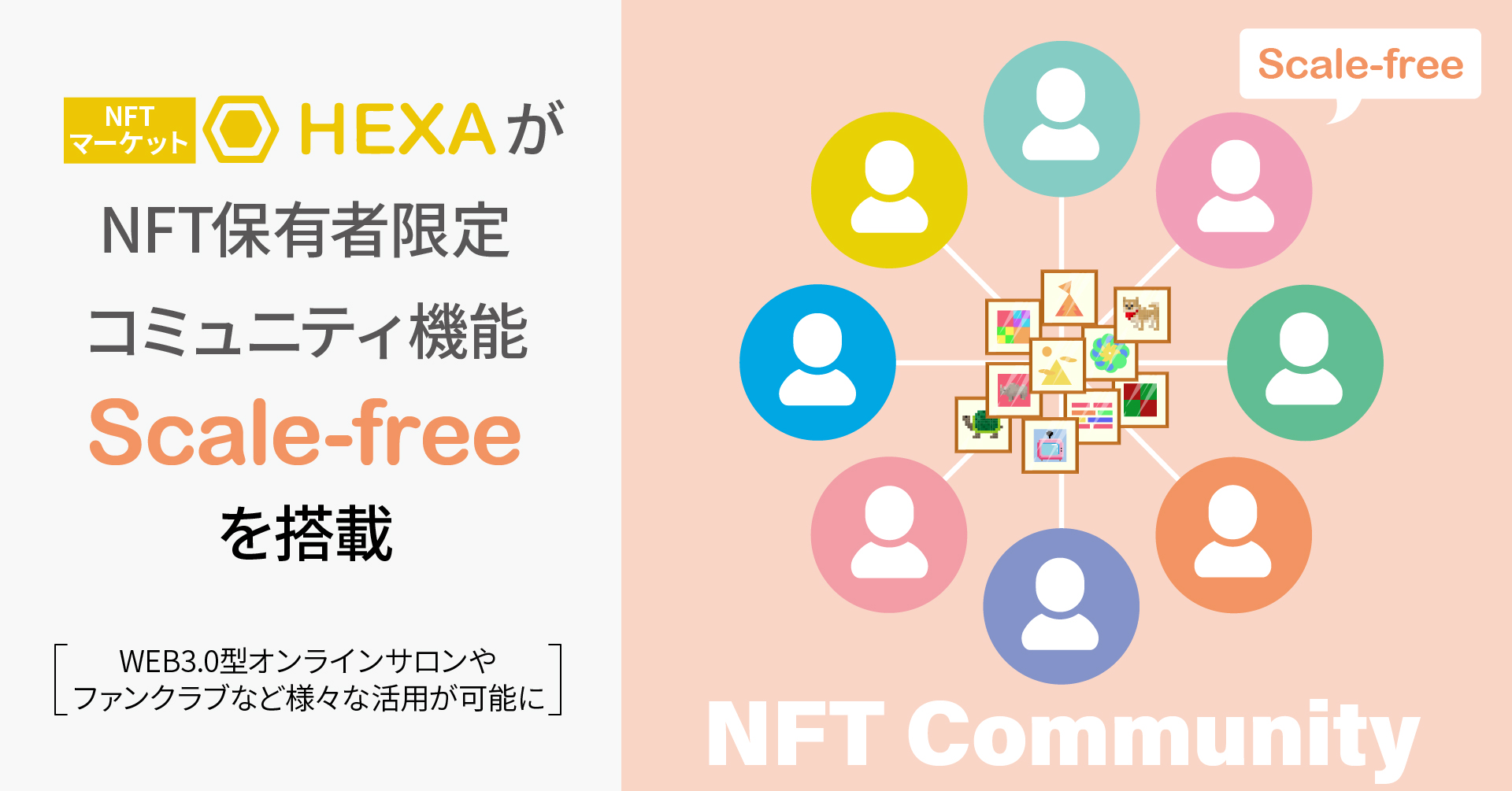 NFTマーケットのHEXA（ヘキサ）がNFT保有者限定コミュニティ機能「Scale-free」を搭載！WEB3.0型オンラインサロンやファンクラブなど様々な活用が可能に｜メディアエクイティ ...