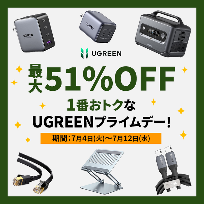 【UGREEN】Amazonビッグセール『プライムデー』にて、7月4日（火）からUGREENが充電器から新作のポータブル電源まで90製品以上を最大51％OFFで販売｜UGREEN GROUP ...