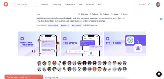 Sparticle社の新製品「Felo Translator」がProductHunt上でTOP10入り、高評価を獲得！ - CNET Japan